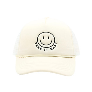 Good Future Womens Trucker Cap - Relaxed Fit Adjustable Snap Back Hat Gorras Lids Branded USA Classis Trucker Sun Mesh Back Smiley Face (Take it Easy)
