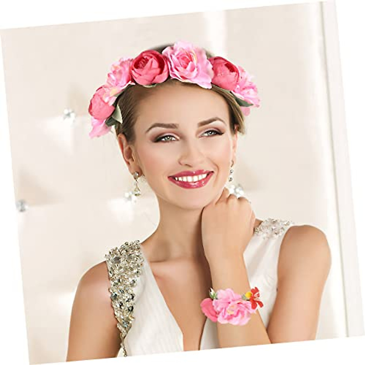 FRCOLOR 1 Set Wreath Headband Women’s Suits Girls Accessories Wedding Headband Flower Crowns Corsage Flower Corsage Wristlet Miss Pink Fabric Wristband Flower Girl Flower Rings for Women