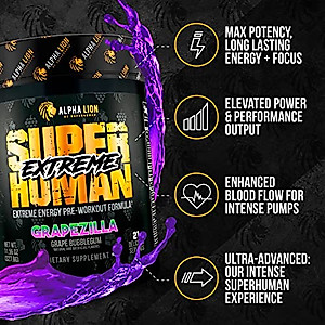 ALPHA LION Superhuman Extreme Pre Workout Powder, Beta Alanine, L-Taurine & Tri-Source Caffeine for Sustained Energy, Nitric Oxide & Citrulline for Pump (21 Servings, Grape Flavor)