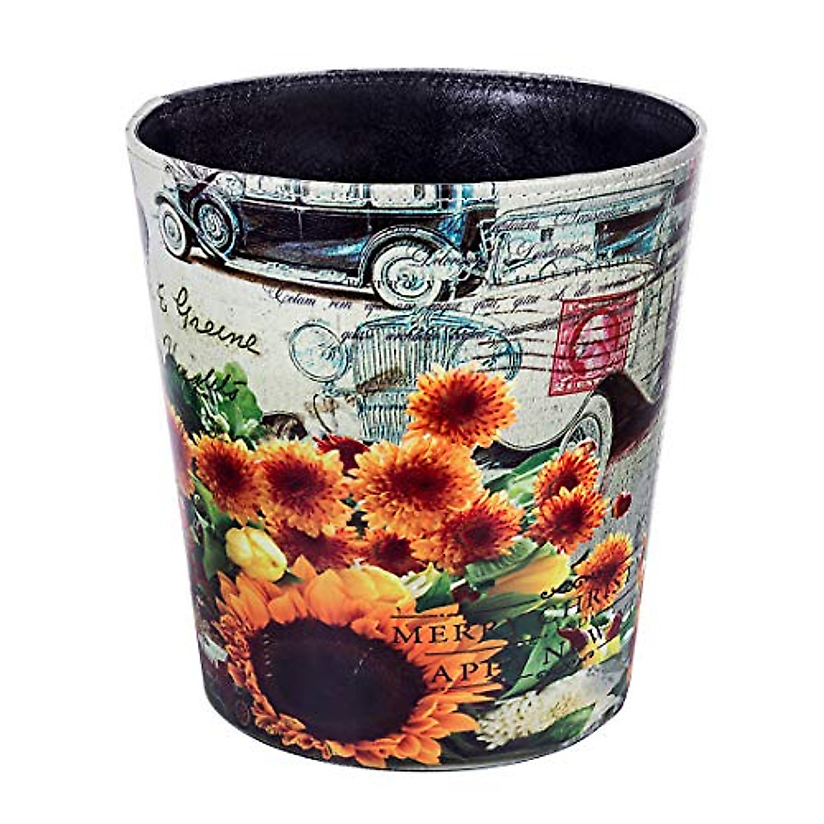 Scakbyer Leather Trash Can, Retro Decorative Waste Basket, 10L Capacity Small Waste Paper Basket, Waterproof Garbage Can for Bathroom, Bedroom, Office, Kitchen and Living Room - Sunflower