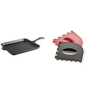Lodge Cast Iron Square 11" Griddle & SCRAPERGPK Durable Grill Pan Scrapers, Red and Black, 2-Pack