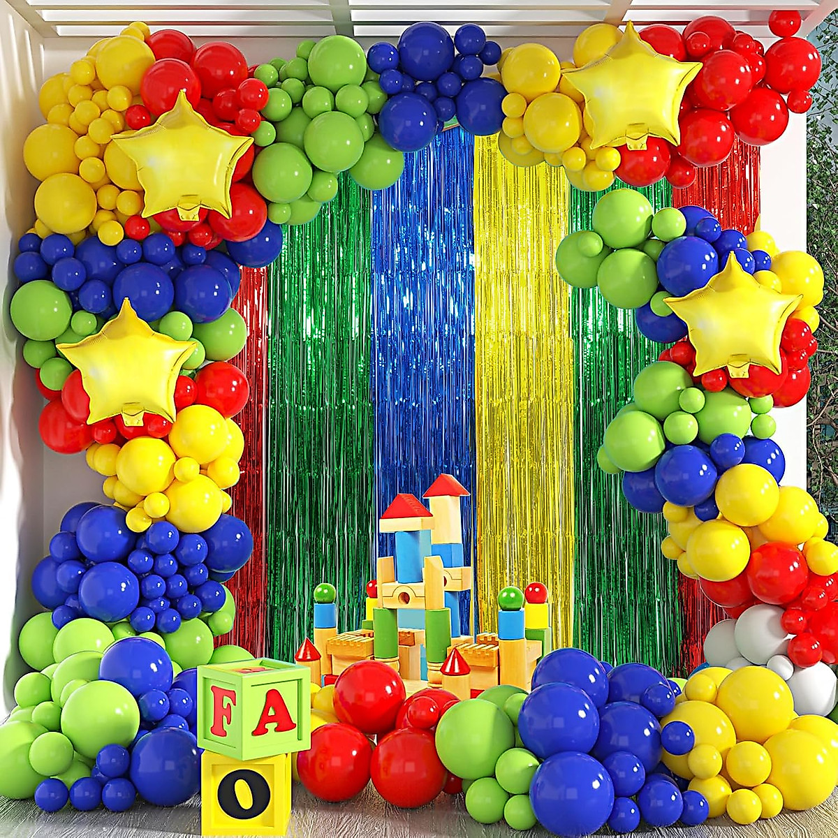 Super Bros Birthday Party Decoration, including 2Pack Red Green Blue Yellow Foil Fringe Curtains, 1pc Mario Themed Birthday Banner & 22pcs Balloons for Video Game Mario Theme Birthday Party Supplies
