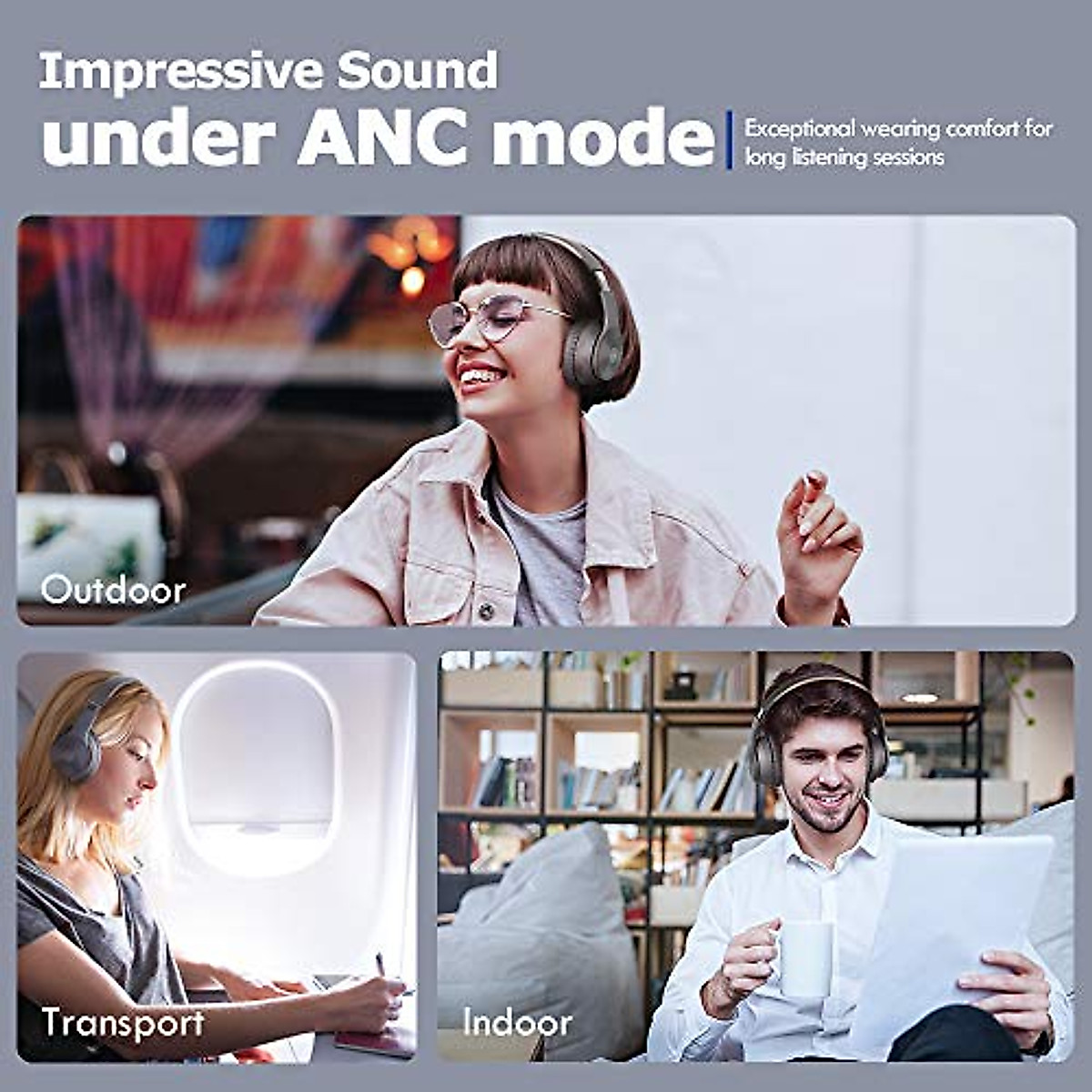 bopmen S40 ANC Bluetooth Headphones - Wireless ANC Over Ear Headphones, Stereo Sound Headphones with Earpads, Mic for Airplane/Travel/Work