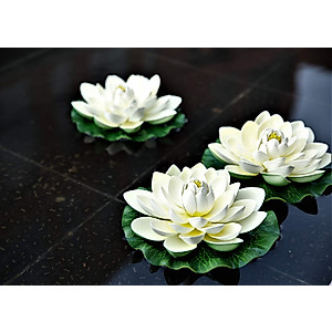 NAVADEAL 6PCS Artificial Floating Foam Lotus Flowers with Water Lily Pad Ornaments, Ivory White, Perfect for Patio Koi Pond Pool Aquarium Home Garden Wedding Party Decoration(with NO Lights)