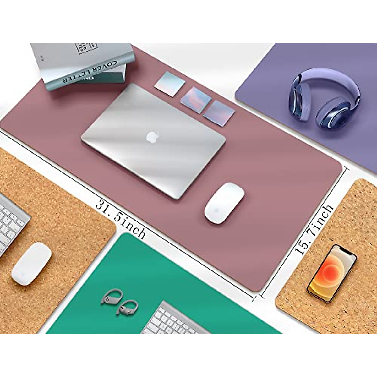 Aothia Office Desk Pad, Natural Cork & PU Leather Dual Side Large Mouse Pad, Laptop Desk Table Protector Writing Mat Easy Clean Waterproof for Office Work/Home/Decor (Purple,31.5" x 15.7")