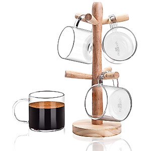 Aquach Coffee Glass Mugs Set of 4, 12 oz, Including Wooden Cup Holder Tree, 6 Hooks