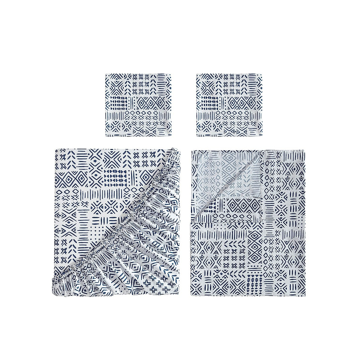 Indigo Ink - Full Size Sheet Set, 4-Piece Boho Geometric Patterned Bedding, Soft & Wrinkle Resistant (White Denim Collection, Navy Blue)