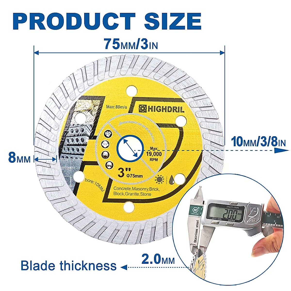 HIGHDRIL Diamond Saw Blade, 3PCS 3in/75mm x Arbor 3/8inch/10mm for Granite,Hard Concrete,Ceramic,Hard Porcelain