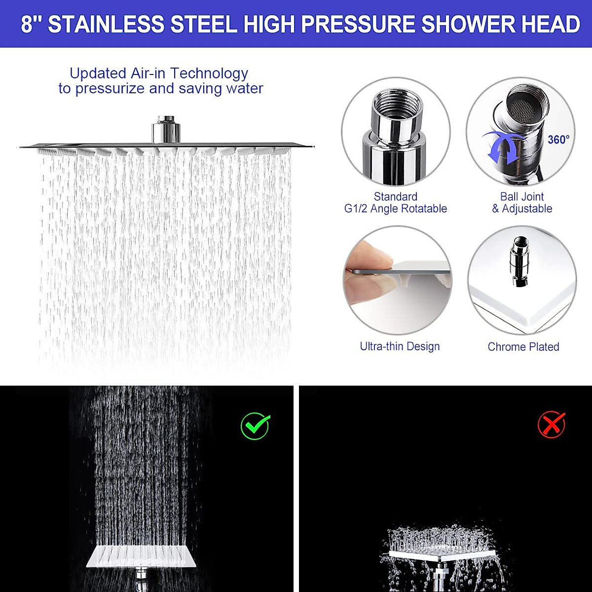 Shower Head, High Pressure Hydrojet Rainfall Shower Head / 6 Spray Settings Handheld Showerhead Combo with 11 inch Extension Arm, Anti-leak Shower Head with Holder, 1.5M Hose, Chrome