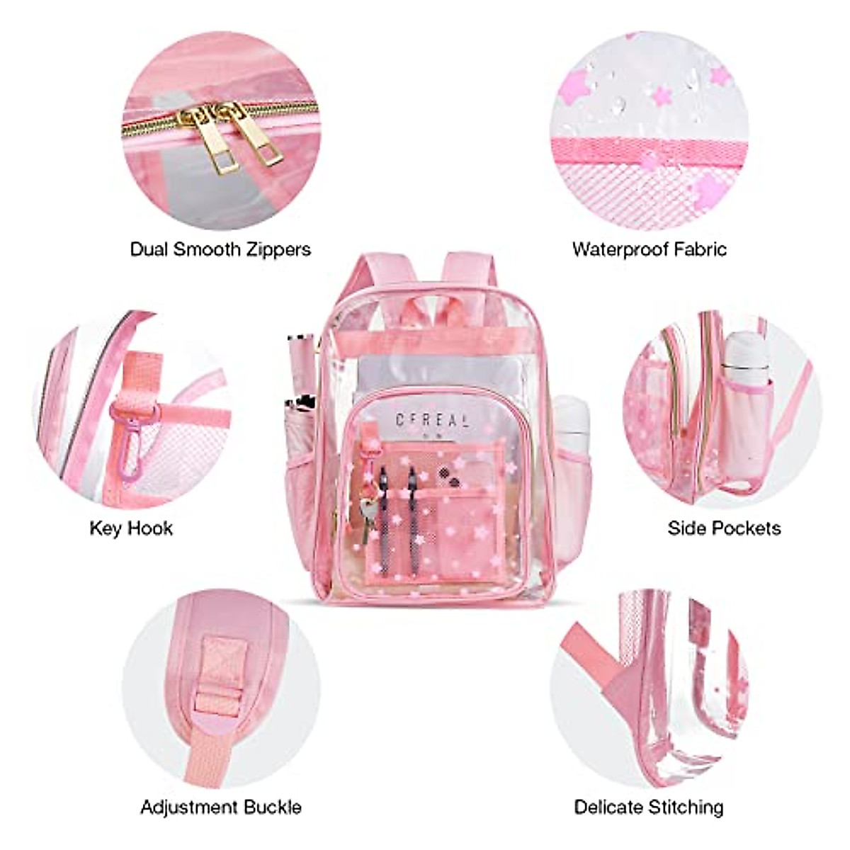 Feolaviy Clear Backpack Stadium Approved Backpack for Girls 3 Clear Stadium Backpack Set Heavy Duty Transparent Bookbag See Through PVC School Bag Transparent Backpack