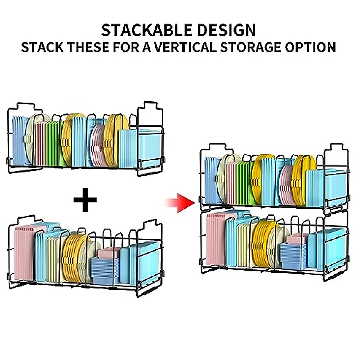 Set of 2 Stackable Food Container Lid Organizer, Adjustable Metal Lid Storage Shelf for Kitchen, 4 Dividers Detachable Lid Organiser Rack for Cabinets, Cupboards, Pantry Shelves, Drawers, Black