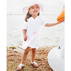 RuffleButts® Baby/Toddler Girls White w/Pink Seersucker Terry Hoodie Swimsuit Cover-Up - 18-24m