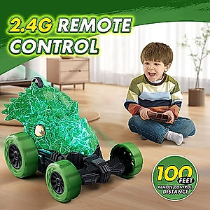 LOVE LIFE Remote Control Car, RC Stunt Car Invincible 360°Rolling Twister with Colorful Lights & Music Switch, Dinosaur Remote Control Car for 3 4 5 6 7 8 Year Old Kids Boys (Triceratops)