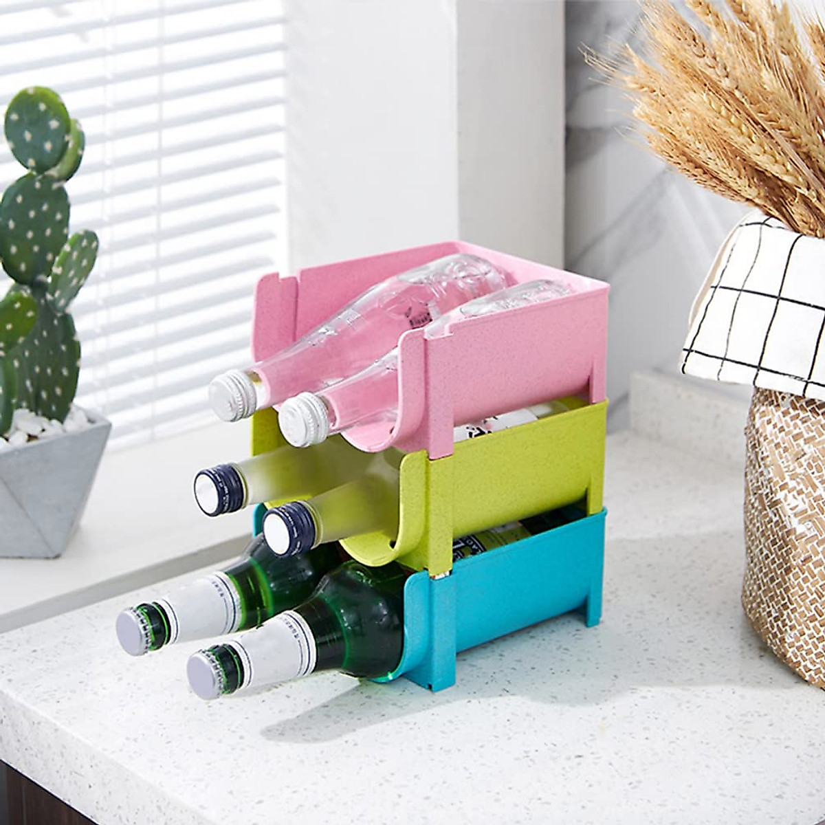 Hemoton 3pcs Refrigerator Bottle Storage Rack Wine and Water Bottle Organizer Stackable Plastic Wine Rack Beer Can Storage Box Holder for Pantry Countertop Pink
