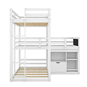 WOXYX L-Shaped Wood Triple Twin Size Bunk Bed with Storage Cabinet and Blackboard, Ladder,White