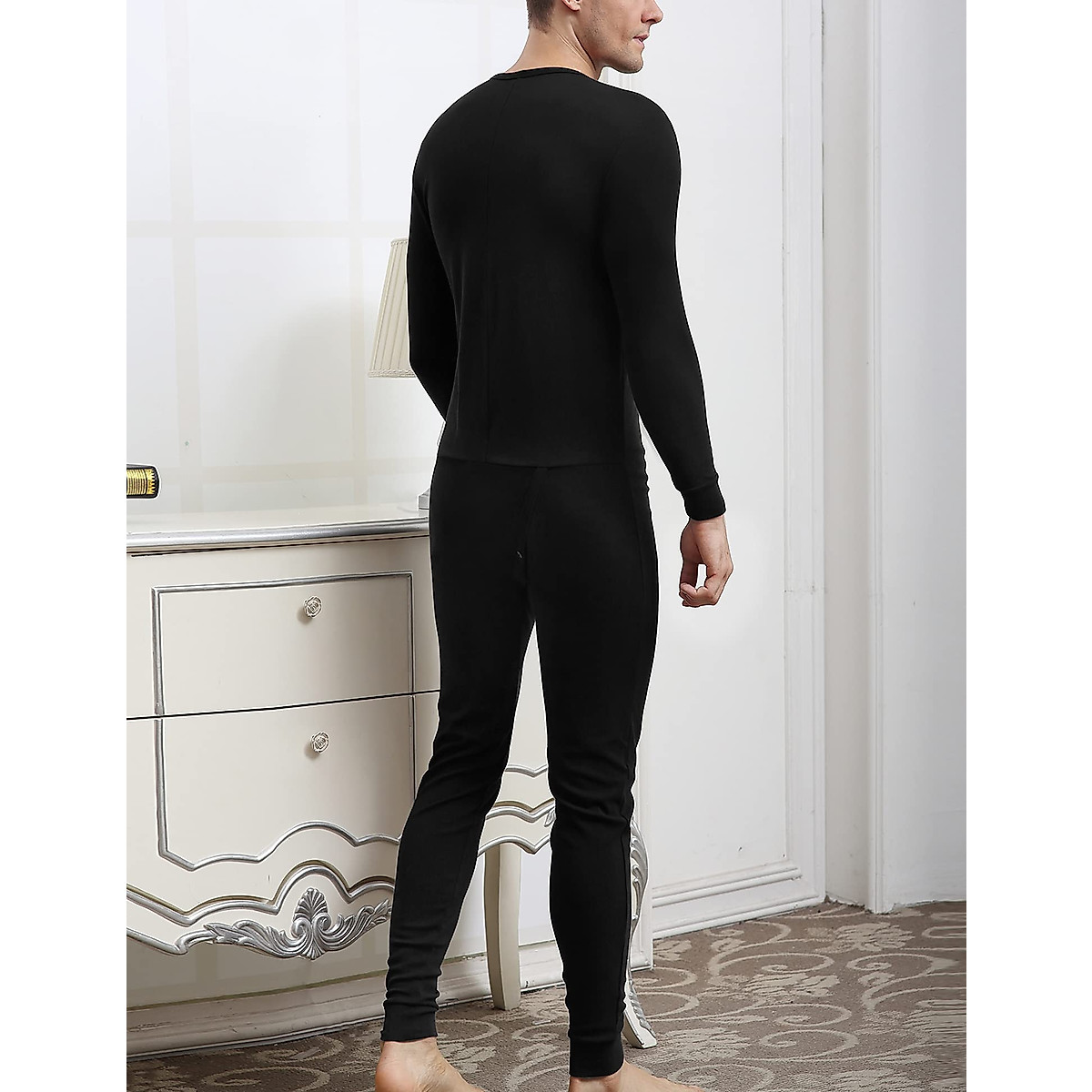 COLORFULLEAF Men's Cotton Thermal Underwear Union Suits Henley Onesies Base Layer (Black, XXL)