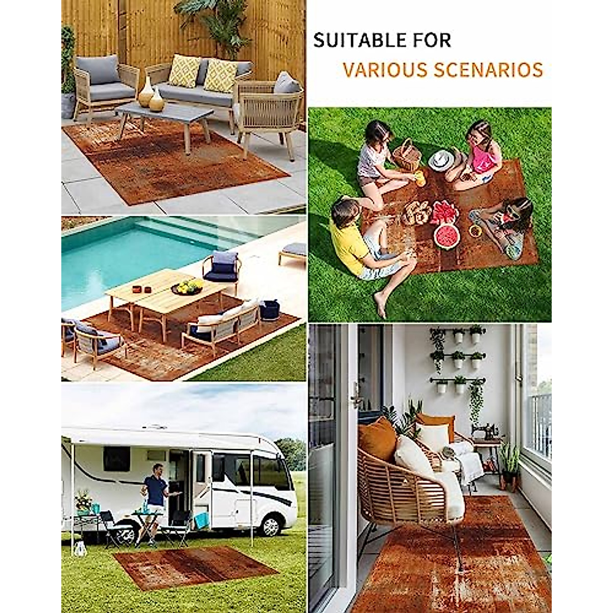 Burnt Orange Outdoor Rug for Patio/Deck/Porch, Modern Geometric Non-Slip Large Area Rug 5 x 8 Ft, Abstract Art Oil Painted Indoor Outdoor Rugs Washable Area Rugs, Reversible Camping Rug Carpet Runner