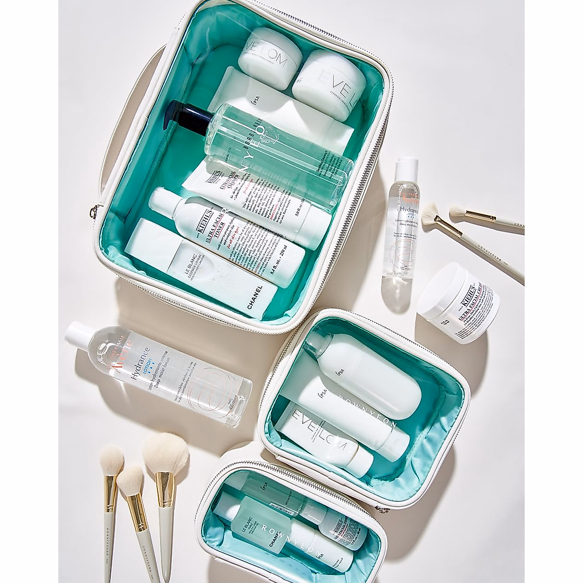 Rownyeon Clear Makeup Case 3 Pcs Transparent Cosmetic Bag Set Travel Makeup Train Case Portable Cosmetic Organizer with Handle White