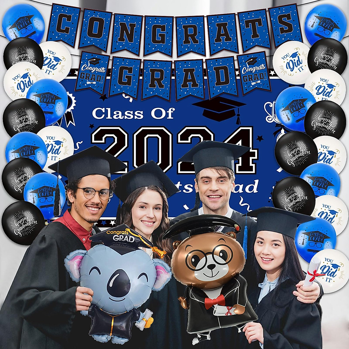 Graduation Decorations Class of 2024 Blue Themed - 2024 Graduation Foil Balloons Congrats Grad Banner Graduation Backdrop Kindergarten Graduation Congrats Grad Party Decorations Supplies