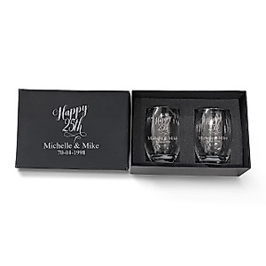 Krezy Case 25th Anniversary Couple wine glasses,20oz Etched Stemless Wine Glasses for Couples, Perfect Engagement Wine Glasses,Bridal shower Wine Glasses, Anniversary Wine Glasses