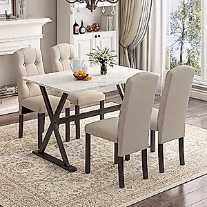 EMKK 5-Piece Dining Table Set with Faux Marble Tabletop and Upholstered Chairs for 4, Solid Wood Kitchen TableSet,Home,Hotel or Bar, White+Beige
