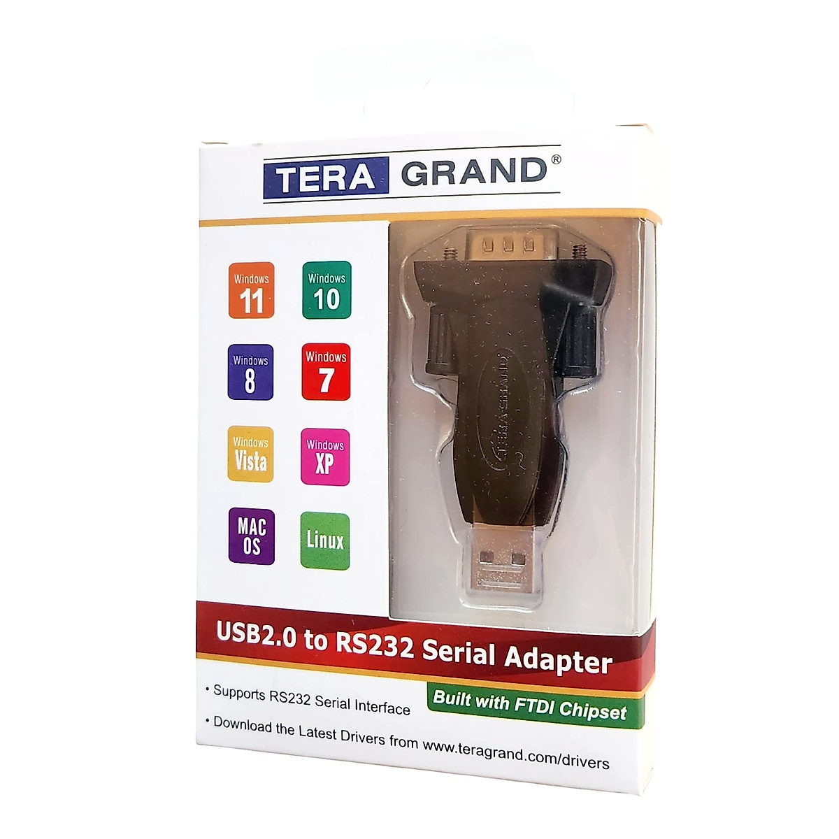 Tera Grand - Premium USB 2.0 to RS232 Serial DB9 Adapter - Supports Windows 11,10, 8, 7, Vista, XP, 2000, 98, Linux and Mac - Built with FTDI Chipset
