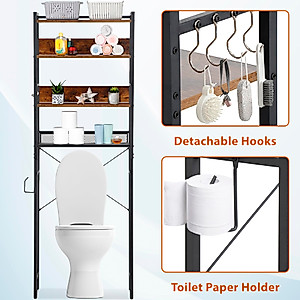 ZENY Over The Toilet Storage, 4-Tier Over Toilet Bathroom Space Saver with Hooks, Over The Toilet Storage Rack, Freestanding Bathroom Organizer, Rustic Brown