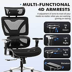 Multifunctional Big and Tall Mesh Office Chair - Adjustable Backrest Height, 4D Arms, Lumbar Support, Headrest and Tilt Angle - Metal Base Quiet Rubber Wheels Ergonomic High Back Computer Desk Chair
