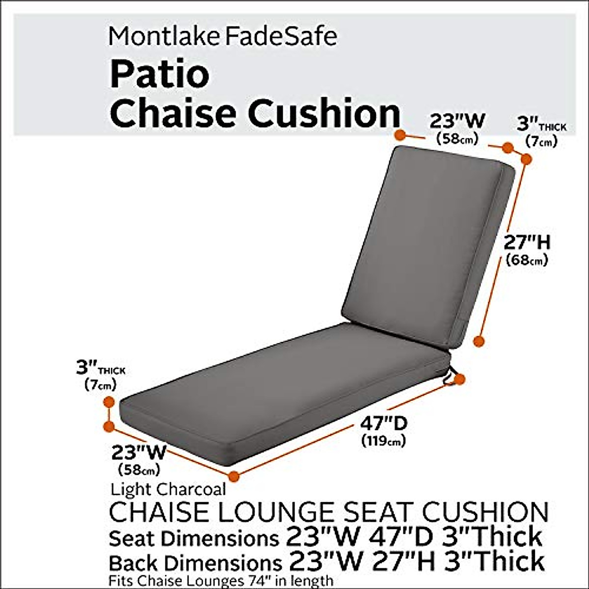 Classic Accessories Montlake Water-Resistant 74 x 23 x 3 Inch Outdoor Chaise Lounge Cushion, Patio Furniture Cushion, Light Charcoal, Outdoor Seat Cushions