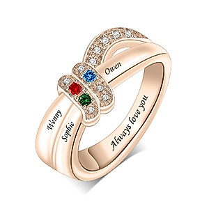 Seecoco Sterling Silver Personalized Mother Rings with 1-8 Simulated Birthstones for Woman Engraved Name Ring Custom Family Ring for Mom, Grandmother in Mother Days, Birthday, Christmas (Color 3)