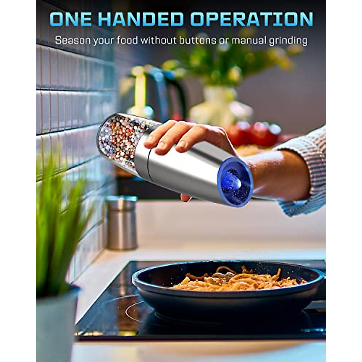 Gravity Electric Salt and Pepper Grinder Set, Automatic Pepper and Salt Mill Grinder,Battery-Operated with Adjustable Coarseness, Premium Stainless Steel with LED Light, One Hand Operated