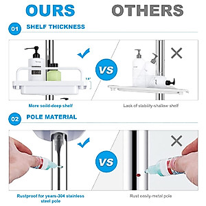 FRDECON Rustproof Shower Caddy Corner for Bathroom, 4-Tier Tension Pole Stainless Steel Shower Organizer, 56 to 115 Inch Adjustable Bathtub Shower Shelf Storage with 1 Tower Bar, White