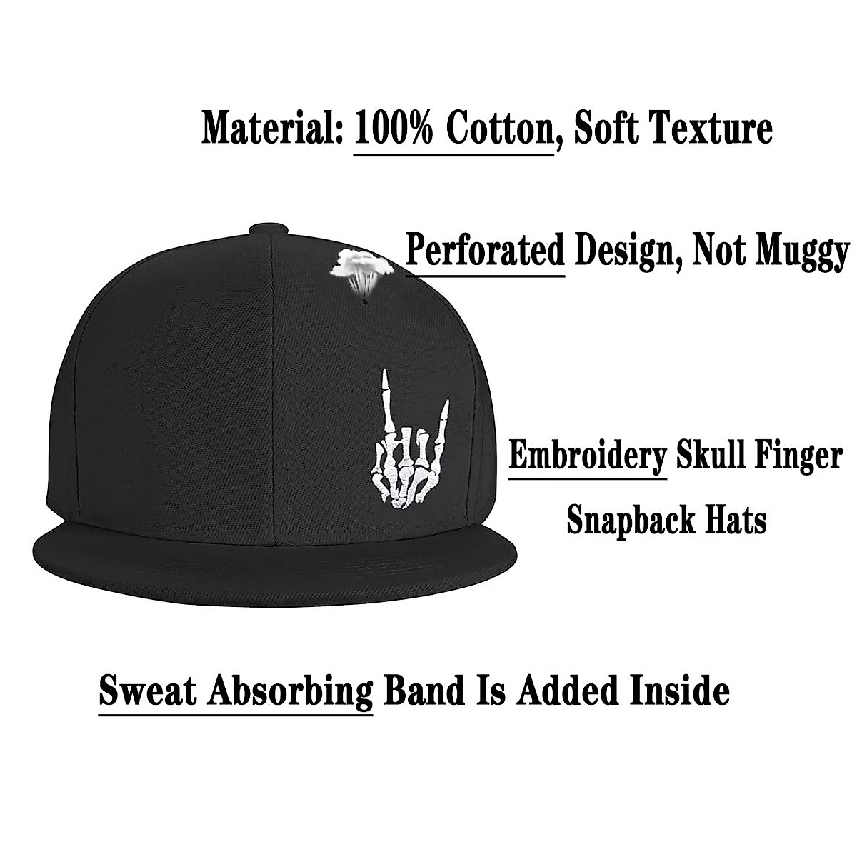 Skeleton Hand Hat, Embroidery Skull Finger Flat Brim Bill Baseball Cap Plain Adjustable Snapback Hats Black