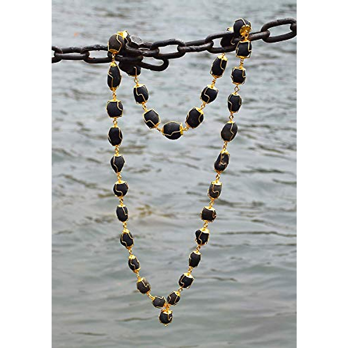 rudradivine Original Shaligram Shila Kantha with Gold Plated Cap Chain/Shaligram Big mala | Real Shaligram Stone from Gandak River Nepal | 32+1 Beads