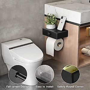 VOLDRA Toilet Paper Holder with Shelf Black Wipes Dispenser for Bathroom Toilet Paper Holder with Storage Upgrade Drawer Design Toilet Tissue Holder Adhesive Small Bathroom Shelf Wall Mount