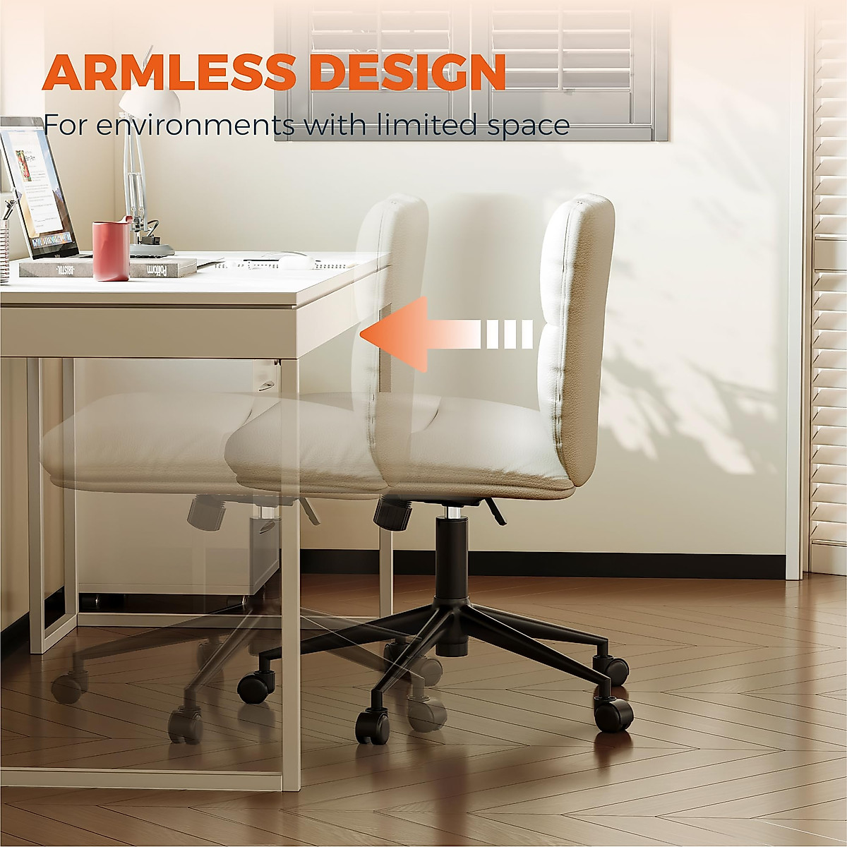 FitStand Criss Cross Chair with Wheels, Cross Legged Office Chair, Armless Wide Vanity Chair with Back, Desk Chair Comfy Wide Seat, Leather Swivel Accent Chair for Home Office HC1 (White)