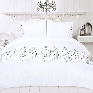 YINFUNG White Flower Duvet Cover Set Queen Floral Cotton Pink Flowered Spring Elegant Wildflower Embroidered Pretty Botanical French Country Textured 90x90 Garden Girls Cottage 3PC Zip Bedding Set