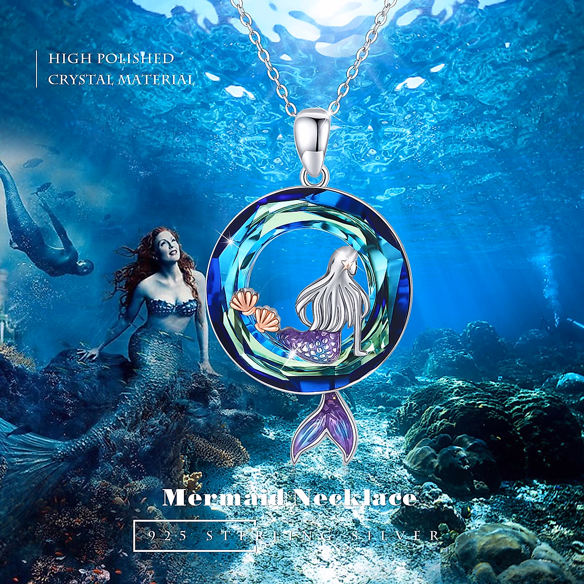AOVEAO Mermaid Necklaces for Women Sterling Silver with Blue Circle Crystal Pendant Necklace Mermaid Starfish Choker Dainty Nautical Jewelry Gift For Friend
