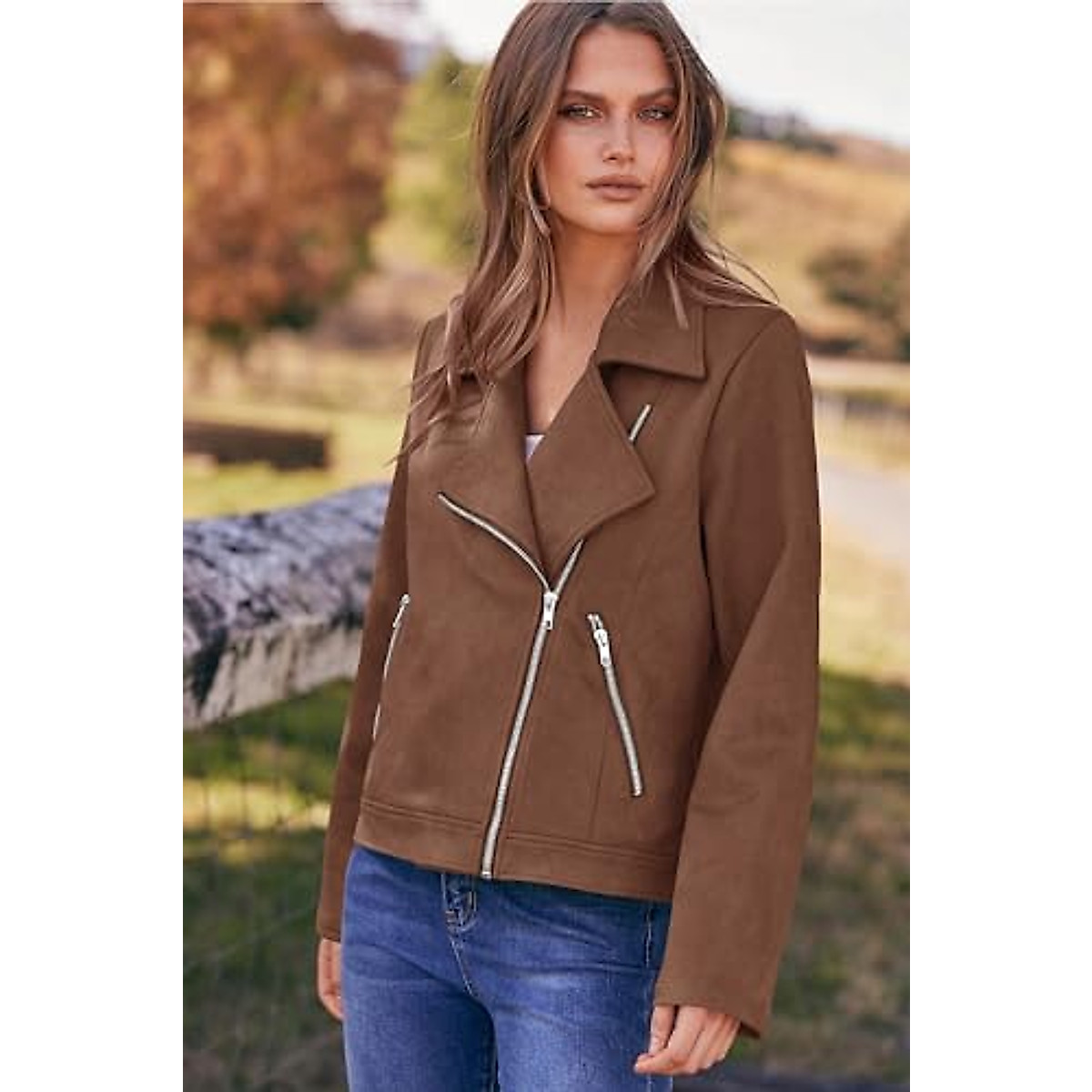 PRETTYGARDEN Women's Winter Faux Suede Moto Biker Jacket Long Sleeve Zip Up Lapel Y2K Short Coat with Pockets Fashion Dressy (Coffee,X-Large)