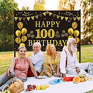 Trgowaul 100th Birthday Decorations for Men Women - Black and Gold 100th Birthday Backdrop Banner 5.9 X 3.6 Fts Happy 100th Birthday Party Supplies Photography Supplies Background