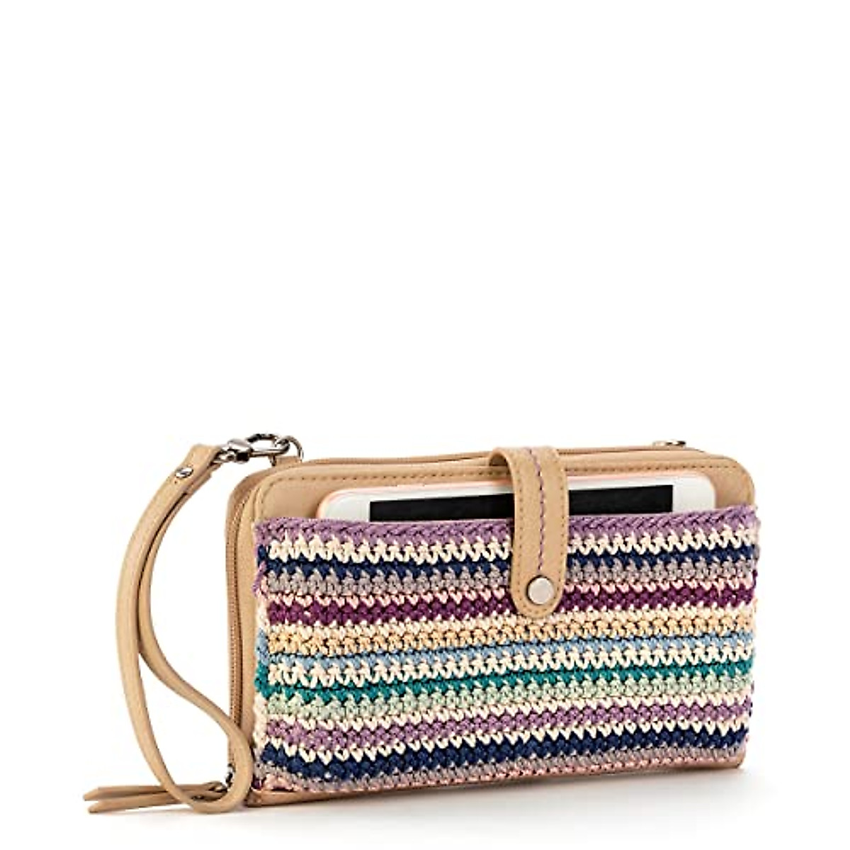 The Sak Iris Large Smartphone Crossbody Bag in Hand-Crochet & Faux Leather, Detachable Wristlet Strap, Mendocino Stripe