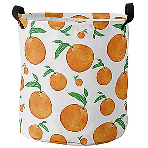 Laundry Basket Fall Orange Farm Fruit Harvest,Waterproof Collapsible Clothes Hamper Watercolor Green Leaf White Back,Large Storage Bag for Bedroom Bathroom 16.5x17in