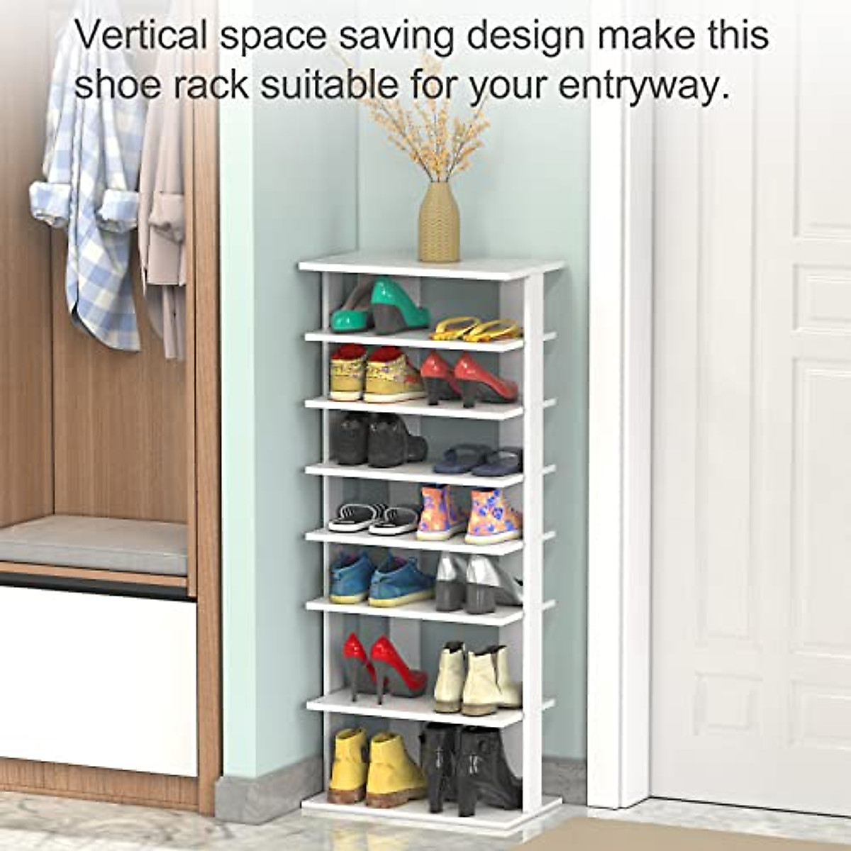 Tangkula 7 Tiers Vertical Shoe Rack, Patented Entryway Wooden Shoes Racks, Modern Shoe Rack Organizer, Space Saving Shoes Storage Stand for Front Door (White, Double)