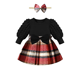 Qaoerde Baby Girl Dresses 12-18 Months Baby Girl Dress Puff Sleeve Red Plaid Dress Ribbed Baby Girls' Dresses Baby Dresses 12-18 Months Baby Girl Fall Dress Baby Girl Winter Dress Christmas Outfit