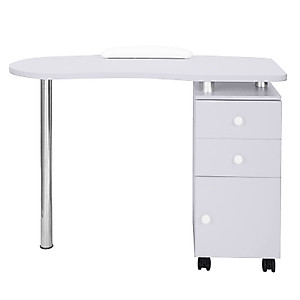 mefeir Manicure Table Nail Desk with Drawers Single Cabinet on Wheels & Arm Rest Cushion, Mobile Beauty Spa Salon Home Wooden Technician Workstation Nail Art Equipment