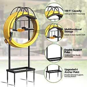 LIONONLY Garden Hose Holder, Freestanding Heavy Duty 4 Spikes Water Hose Holder with Storage Basket, 100-Feet Hose Hanger, Detachable Garden Hose Storage Hose Stand for Outside Yard, Black