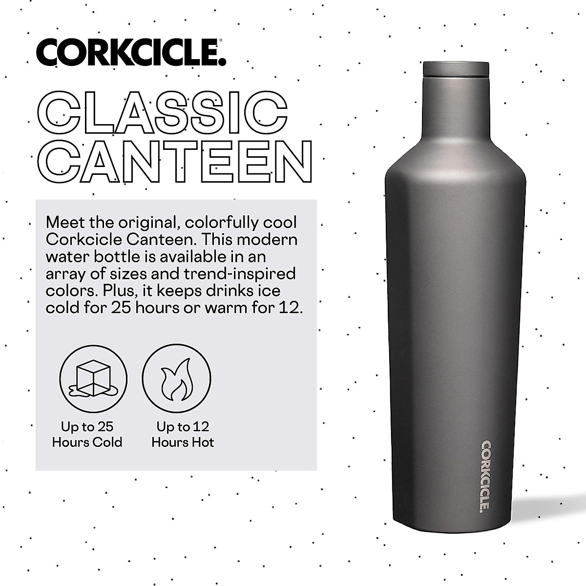 Corkcicle Classic Canteen Insulated Tumbler, Ceramic Slate, 25 oz – Reusable Water Bottle Keeps Beverages Cold for 25 Hours & Hot 12 Hours – Cupholder Friendly Tumbler with Screw-On Cap