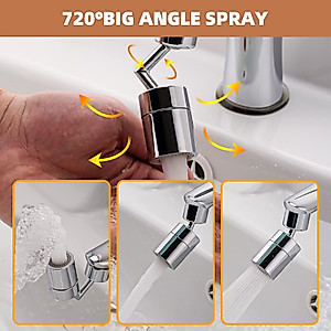 Faucet Aerator, 720° Big Angle Spray Aerator Dual Function Kitchen Faucet Aerator, Bathroom Faucet Mounted for Face Washing, Gargle and Eye Flush, Polished Chrome