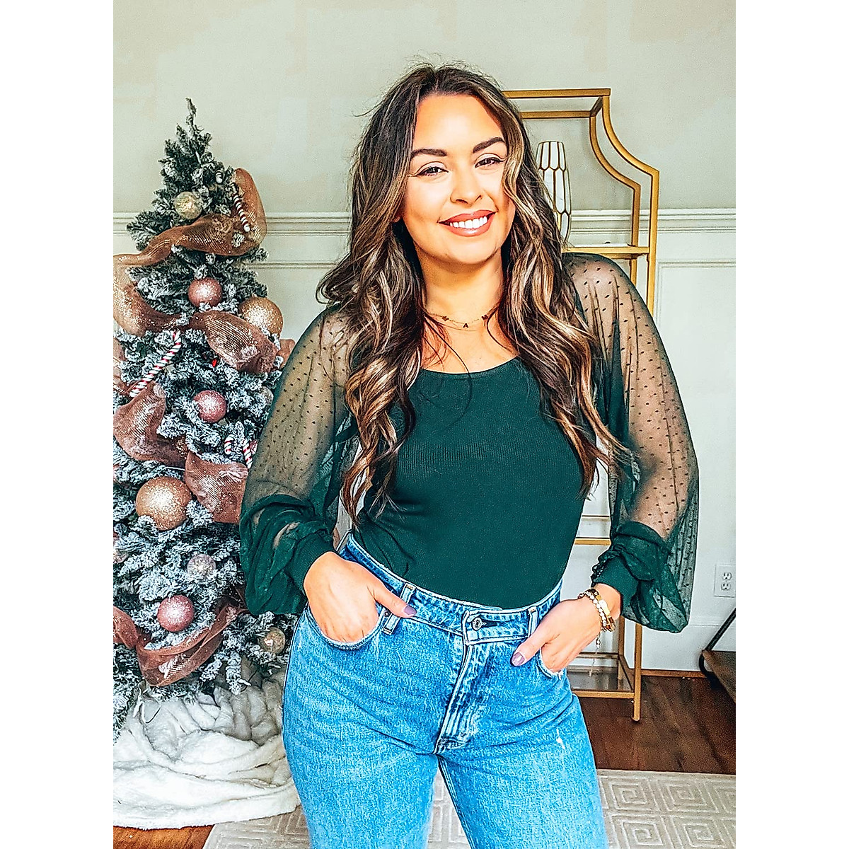 DOROSE Womens Mesh Long Sleeve Shirts Casual Blouses Tops Christmas Dark Green M