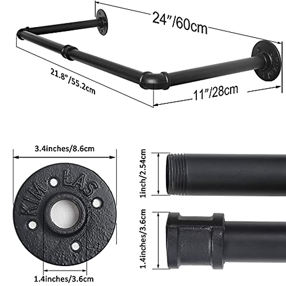 WEBI Clothing Rack Wall Mount,24'' Industrial Pipe Clothes Rack for Hanging Clothes,Heavy Duty Iron Garment Rack Bar,Retail Display Clothes Rod for Closet,Laundry Room,Black